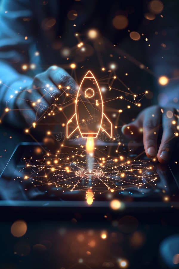 Innovative Startup Concept Person with Tablet Featuring Rocket Symbol ...