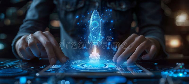 Innovative Startup Concept Person Using Tablet with Dynamic Rocket ...