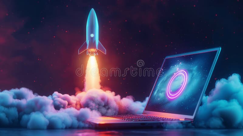 Innovative Startup Concept Represented by a Laptop and Rocket Flying ...