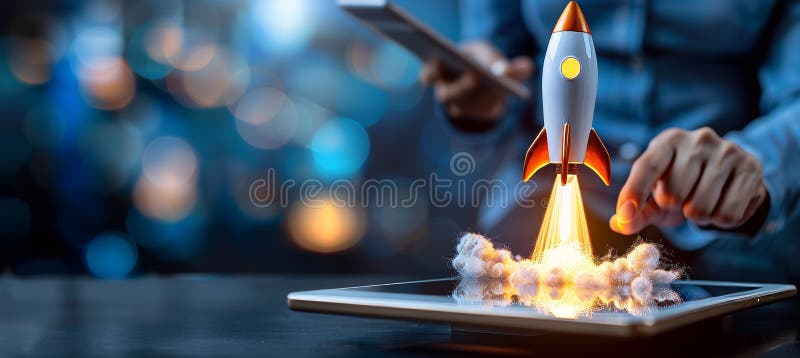 Innovative Startup Person Engaged with Tablet Showing Rocket Symbol ...