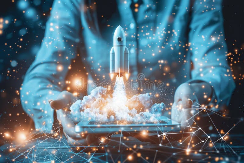 Innovative Startup Person Engaged with Tablet Showing Rocket ...