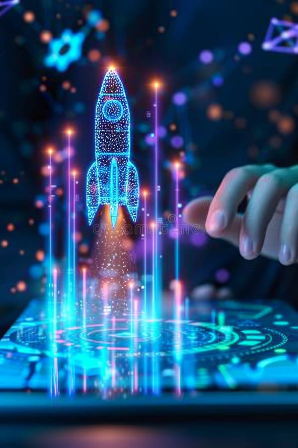 Innovative Startup Person with Tablet Featuring Rocket Symbolizes ...