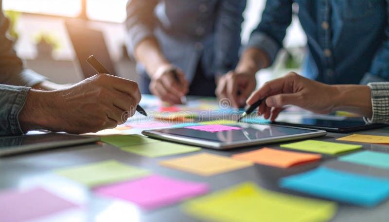 Innovative Team Collaborating with Sticky Notes and Tablets in a Casual ...