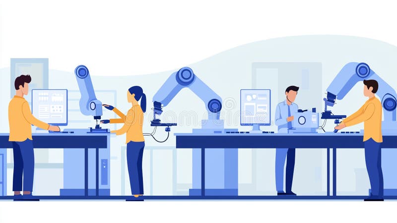 Innovative Teamwork with Robots in a Modern Lab Stock Illustration ...