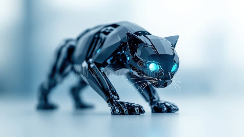 Innovative Tech Concept a Metal Cyber Cat with Glowing Eyes and ...