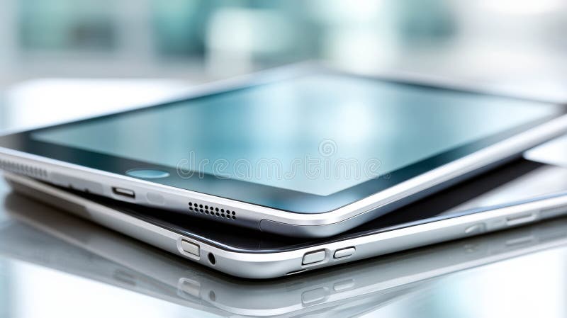 Innovative Tech Essentials Showcase Modern Tablets Stacked on a Sleek ...