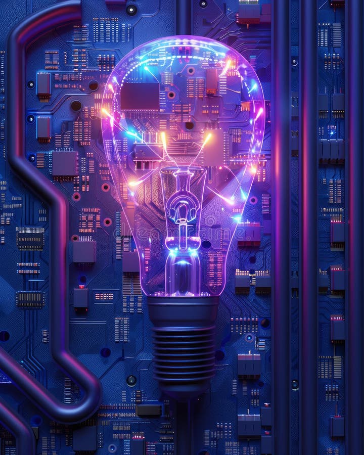 Innovative Technology Concept with Glowing Lightbulb on Circuit Board ...