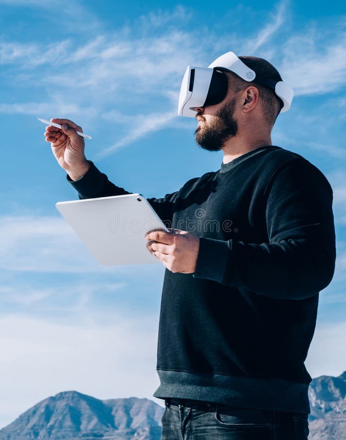 Innovative Technology, Male Touching VR World with Digital Pencil Stock ...