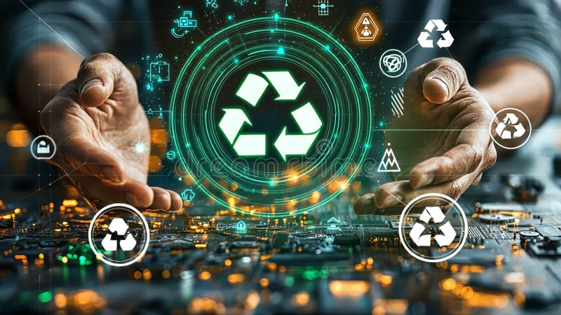 Innovative Technology and Sustainability Unite through Hands Showcasing Digital Recycling Symbol ...