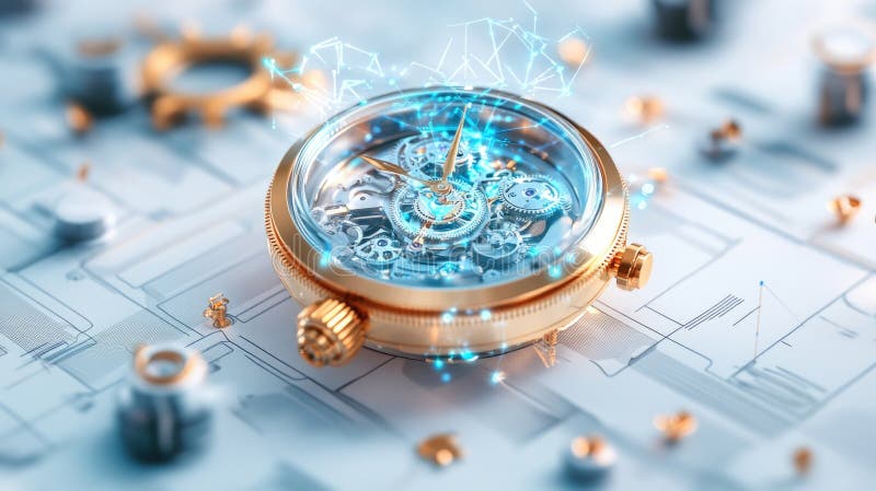 Innovative Timepiece with Digital Elements on Futuristic Blueprint ...