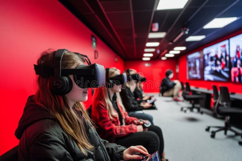 Innovative VR Experience in a Modern Tech Space. Engaged Users Explore ...