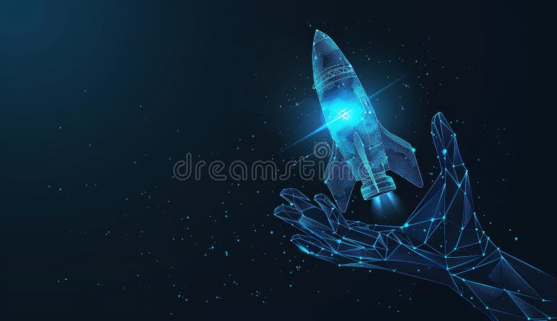 Innovative Wireframe Illustration of a Hand Launching a Futuristic ...