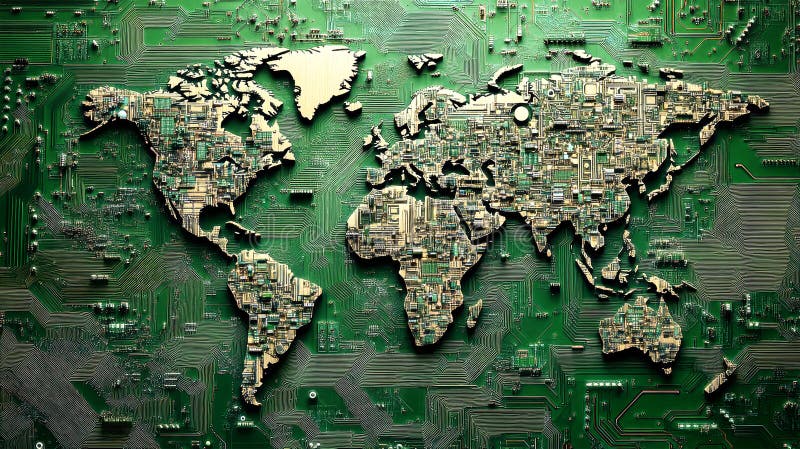 Innovative World Map Crafted from Circuit Boards Emphasizing Global ...