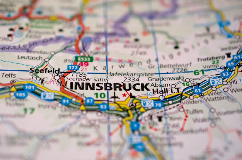 Innsbruck on map stock image. Image of atlas, plan, route - 97136291
