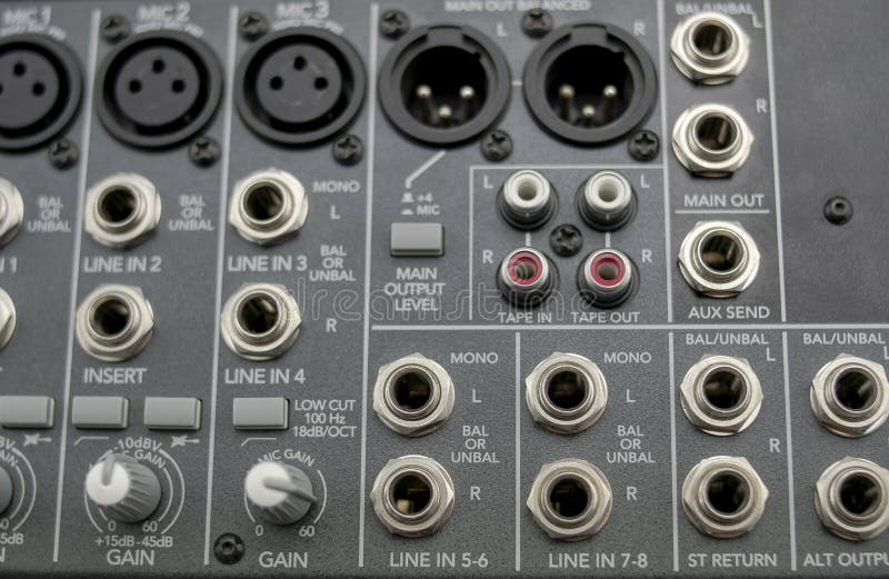 Inputs and Outputs of an Analog Audio Mixer with Eight Channels Stock ...