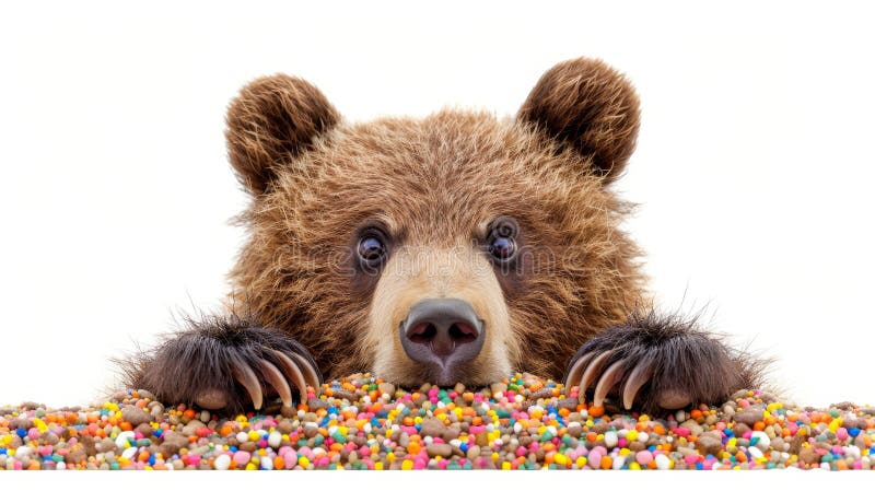 Inquisitive Bear Eating Candies, Gazing at Camera on White Background ...