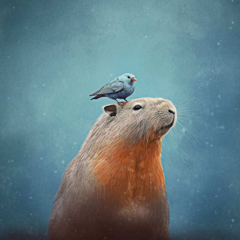Inquisitive Brown Rodent Capybara with Bird on Its Head Created with ...