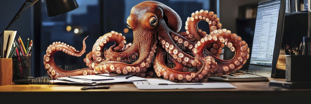 Inquisitive Octopus Multitasks on a Lively Desk Stock Illustration ...