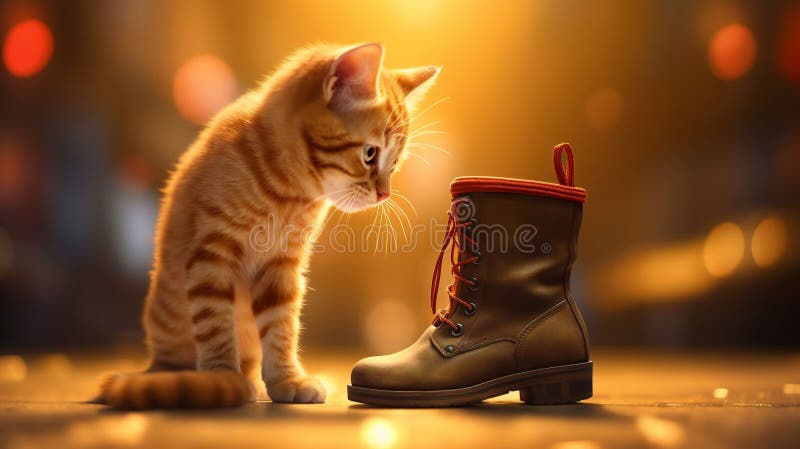 An Inquisitive Orange Tabby Cat Stands Next To a Brown Leather Boot ...