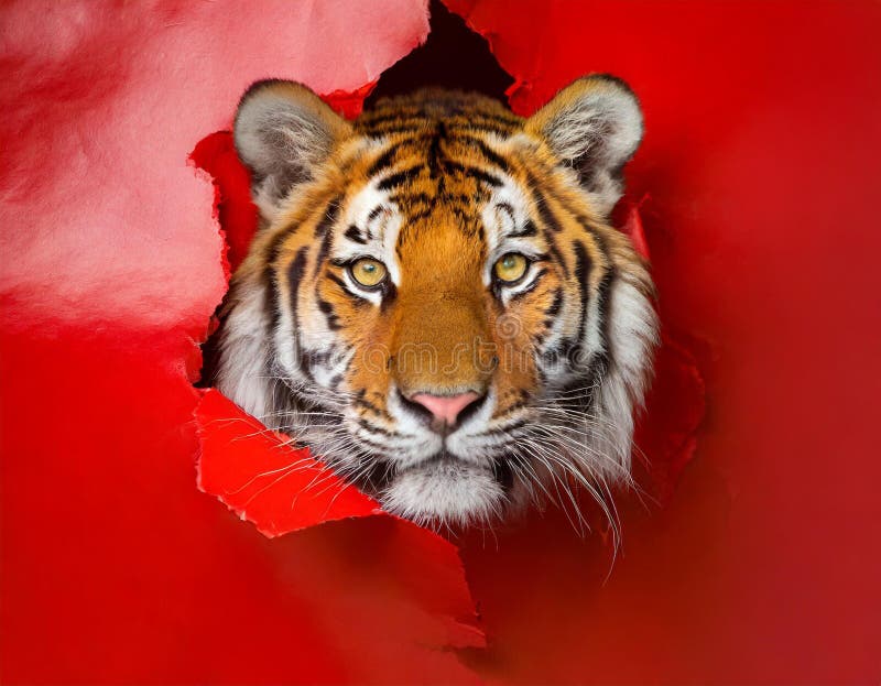 An Inquisitive Tiger Peeks Out of a Torn Red Paper, Illustrating ...