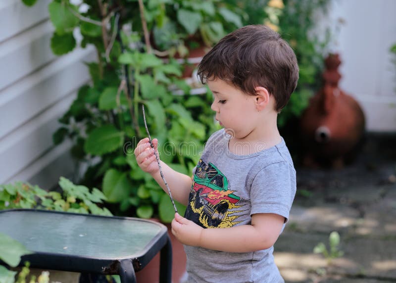 Inquisitive Toddler is Exploring Objects in the Backyard Stock Image ...