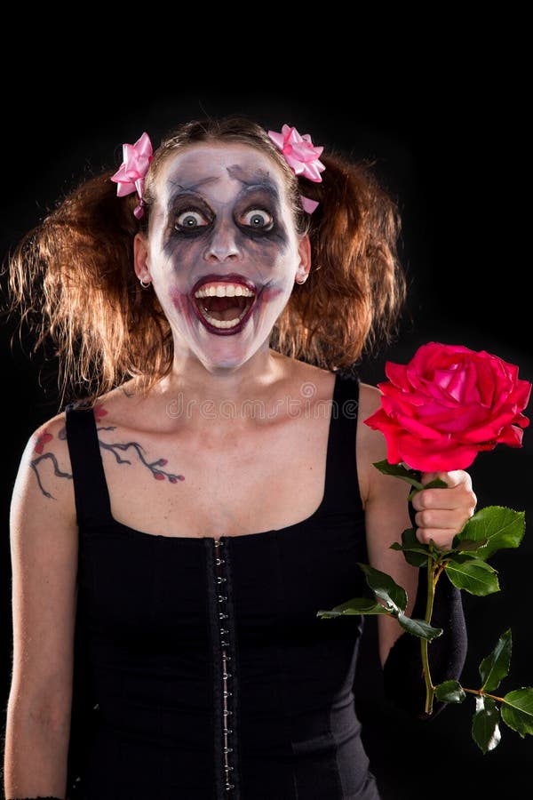 Insane Funny Female Clown with Red Rose Stock Photo - Image of face ...