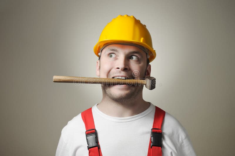 Insane young worker stock photo. Image of pessimist, construction ...