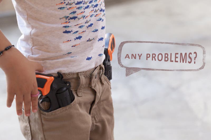 Inscription Any Problems. a Boy with Toy Gun. the Boy Solving Any ...