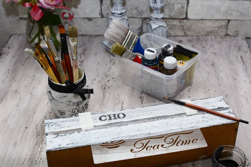 The Inscription in Black Ink and a Stencil on White Wooden Box. Step 5 ...