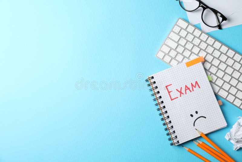 Inscription Exam, Keyboard and Stationary on Blue Background Editorial ...