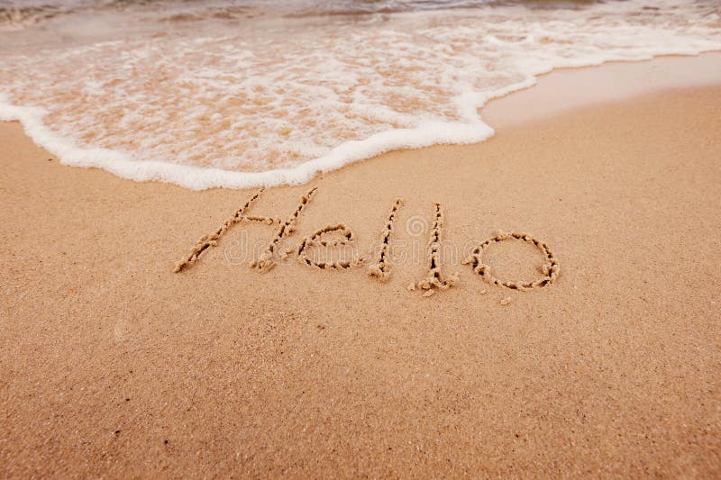 The Inscription Hello on the Seashore with Palm Trees Stock Image ...