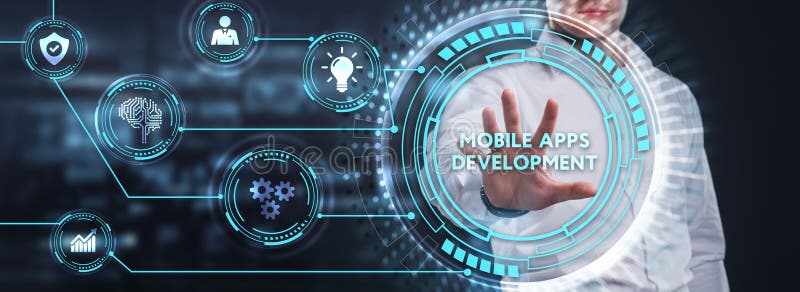 Inscription MOBILE APPS DEVELOPMENT on the Virtual Display. Cloud ...