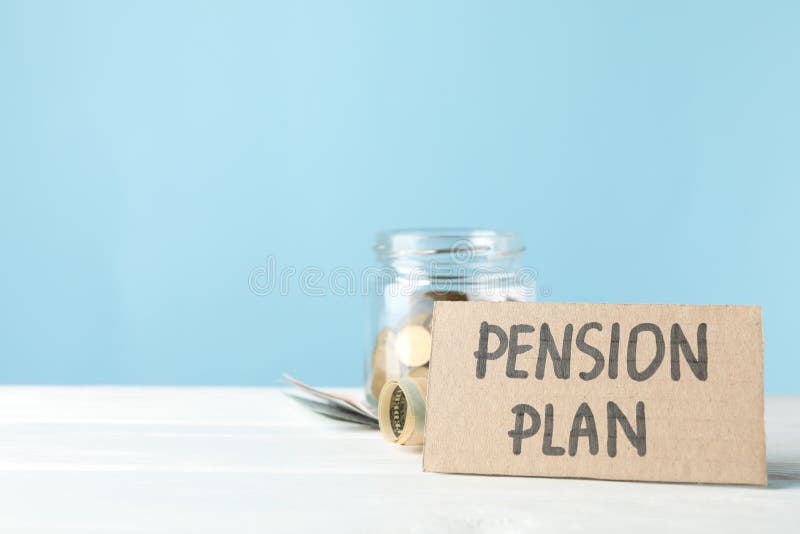 Inscription Pension Plan and Jar with Money Against Blue Background ...