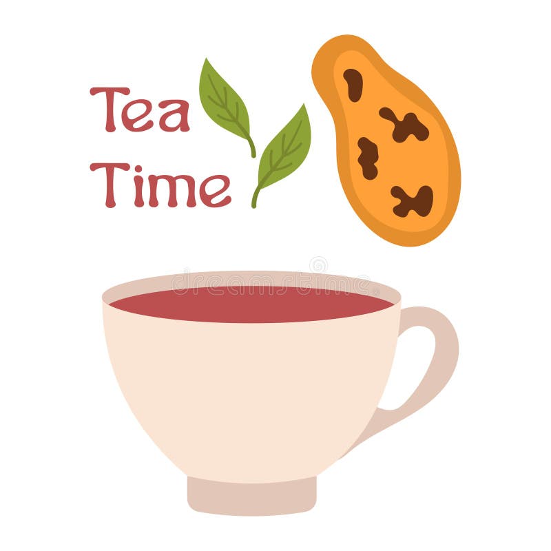 Inscription Tea Time, Cup with Tea and Cookies with Chocolate. Vector ...