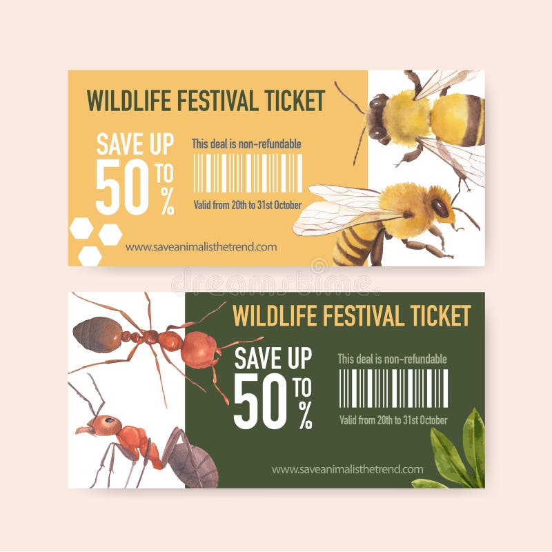 Insect and Bird Ticket Design with Bee, Ant Watercolor Illustration ...