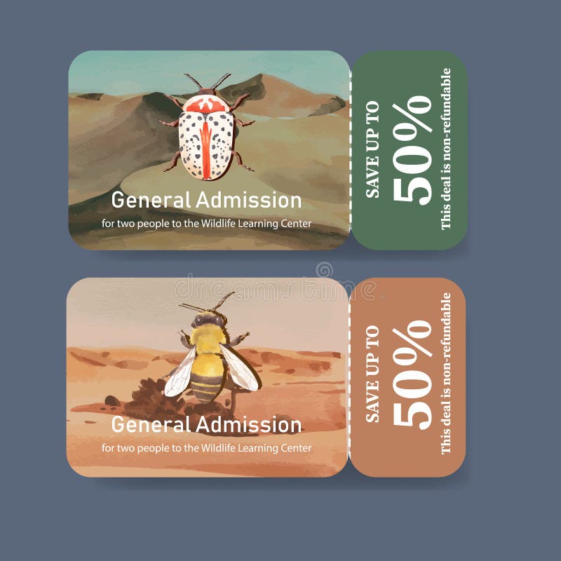 Insect and Bird Ticket Design with Butterfly, Beetle, Bug Watercolor ...