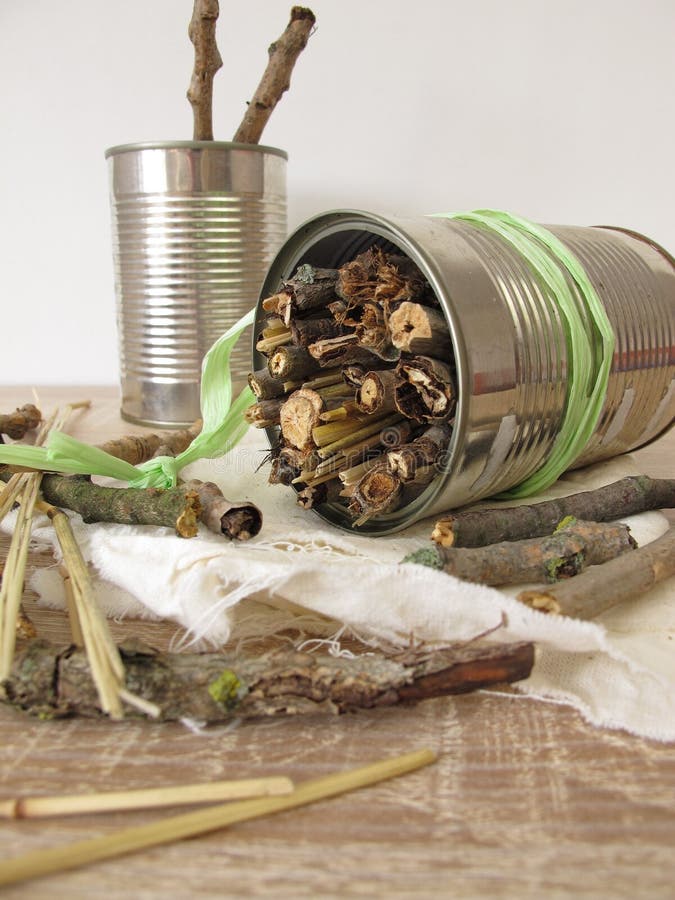 Insect Hotel from Tin Cans, Twigs and Straw Stock Photo - Image of ...