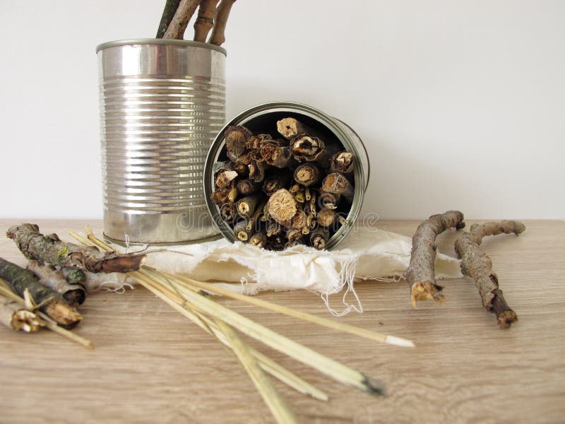 Insect Hotel from Tin Cans, Twigs and Straw Stock Photo - Image of ...