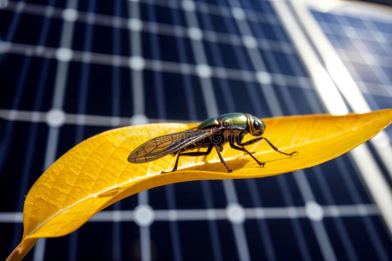 Insect on Leaf with Solar Panel Backdrop, Generative Ai Stock ...