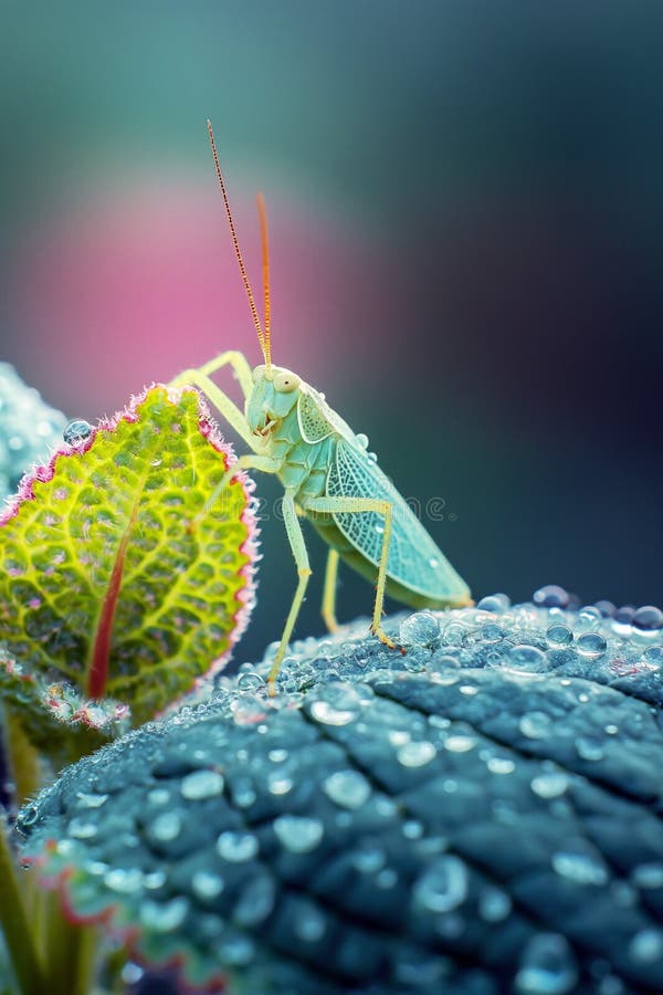 An Insect Perched on a Green Leaf with Water Drops on it Stock ...