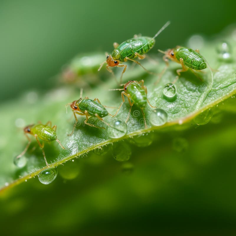 Insect Pests Aphids on a Green Leaf and Dew Drops, Close-up Stock ...