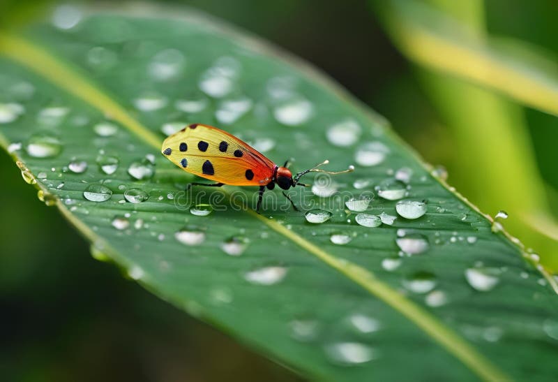 Insect on a Wet Leaf with Raindrops, AI-generated. Stock Illustration ...