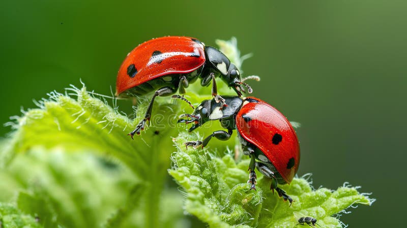 Two Ladybugs Interacting on a Green Leaf Stock Illustration ...