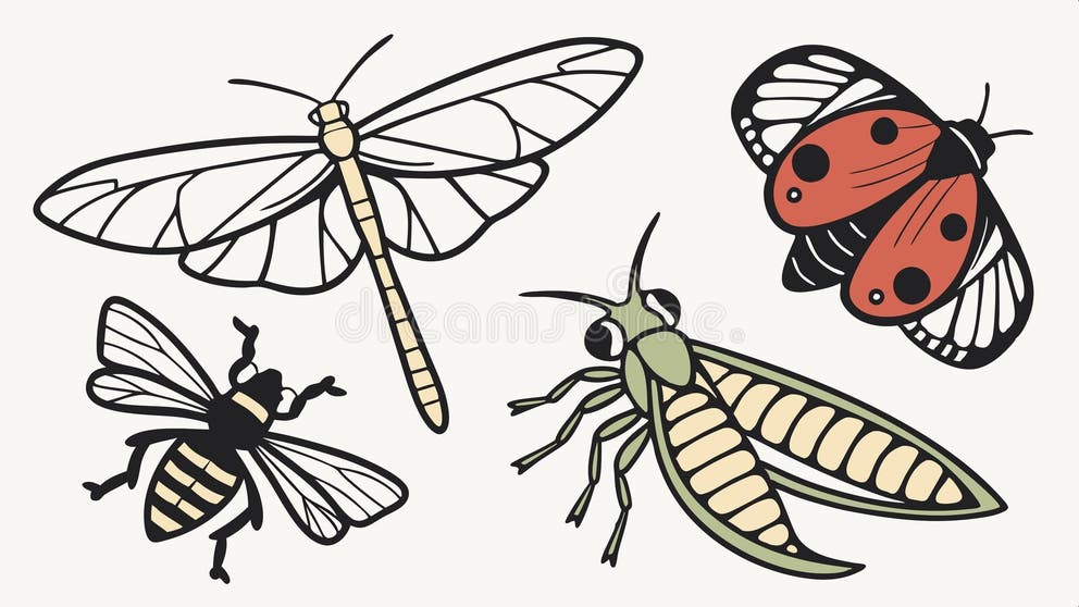 Insects Vector Set, Bee and Ladybug, Dragonfly and Grasshopper, Nature ...