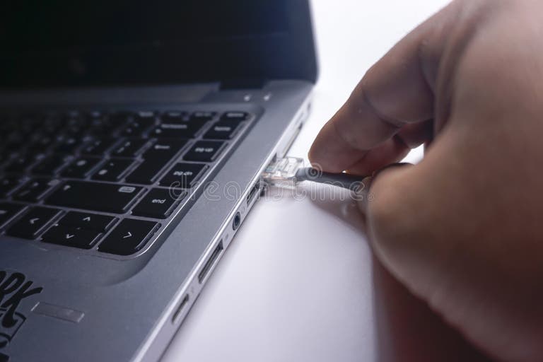 Insert the LAN Cable into the Laptop Stock Photo - Image of front, data ...