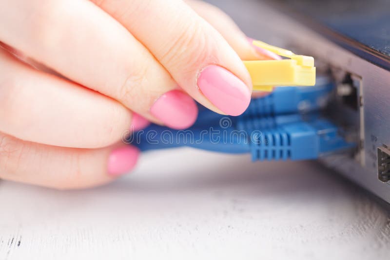 Insert Network Patch Cord in Lan Commutator Switch, Close Up Stock ...