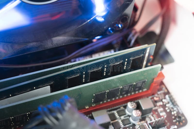 The Inserting Plug in the Ram Ddr Memory Card in the Computer Mainboard ...