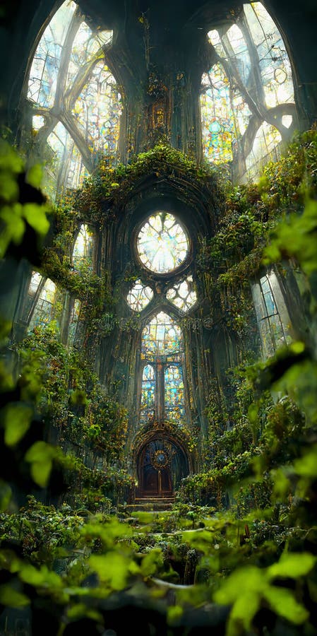 Inside an Abandoned Overgrown Gothic Cathedral Stock Illustration ...