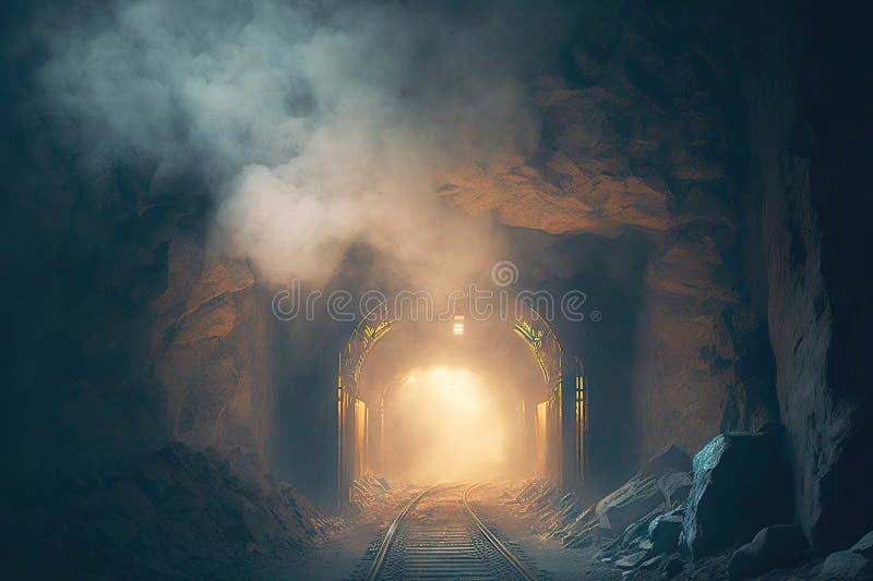 Inside Abandoned Shaft Tunnel, Coal Mine Cave with Smoke and Mist ...