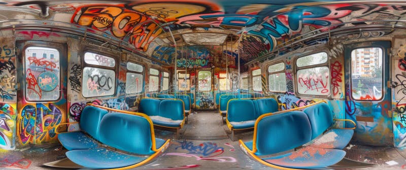 Inside of a Abandoned Train Car with Bright Colored Graffiti Stock ...